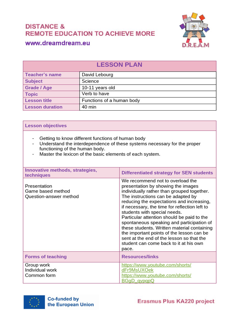 Human Body Functions Lesson Plan | PDF | Lesson Plan | Teachers