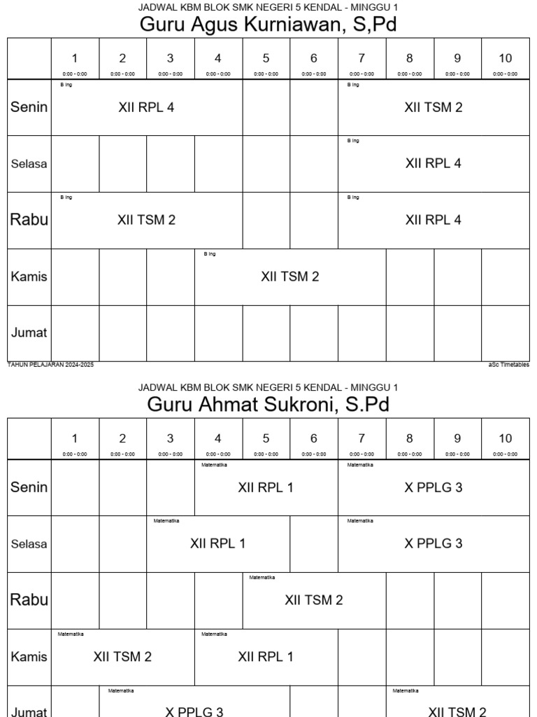 (Draft) Jadwal Blok 2024-2025 - M1 - Per Guru | PDF