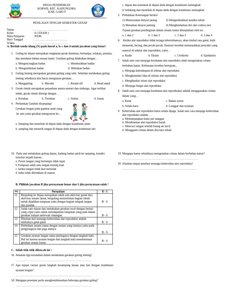 Soal PTS Pjok Kelas 6 Semester 2 | PDF