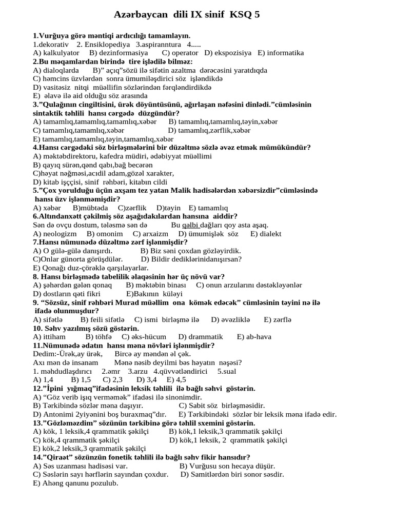 9-Cu Sinif Azərbaycan Dili KSQ 5 | PDF