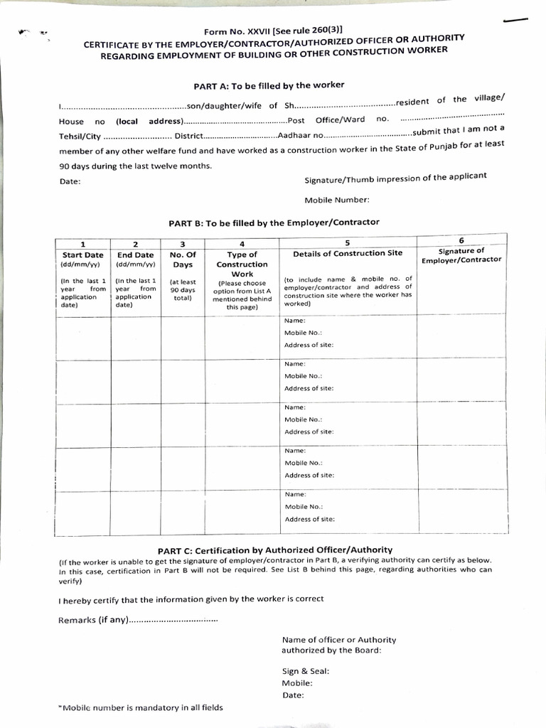 Form 27 for Labour Card in Punjab | PDF | Brick | Building Engineering