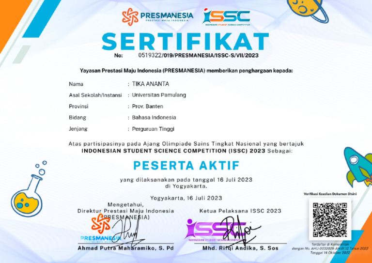 Cert - Bahasa Indonesia - ISSC 2023 Tika Ananta | PDF