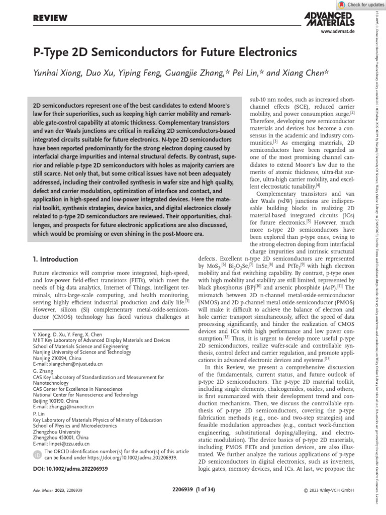 P Type 2D Semiconductors for Future Elec | PDF | Semiconductors | Mosfet