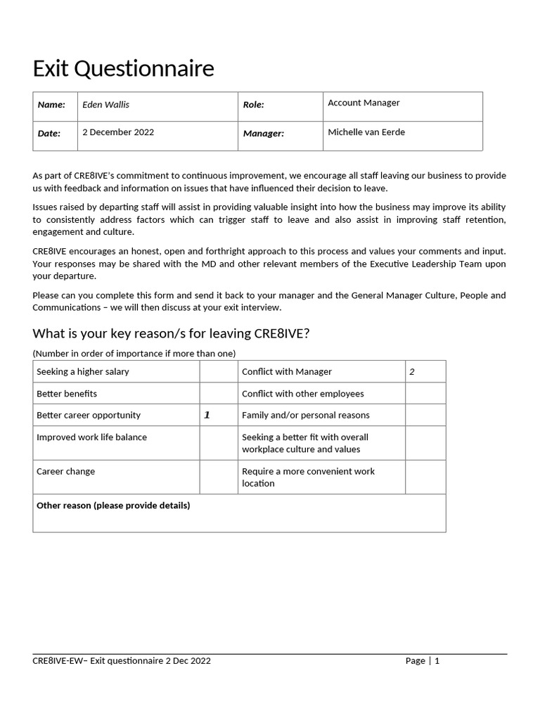 Exit Questionnaire 2 Dec 2022 | PDF | Employee Retention | Psychology