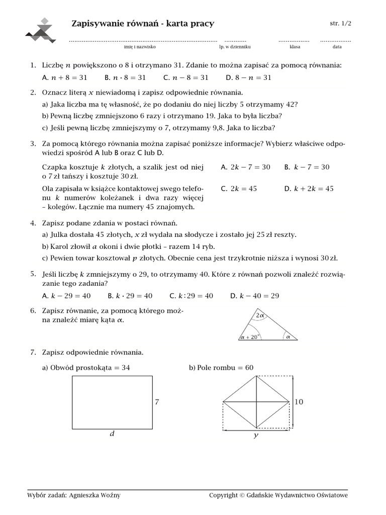 6a Zapisywanie Równan Karta Pracy | PDF