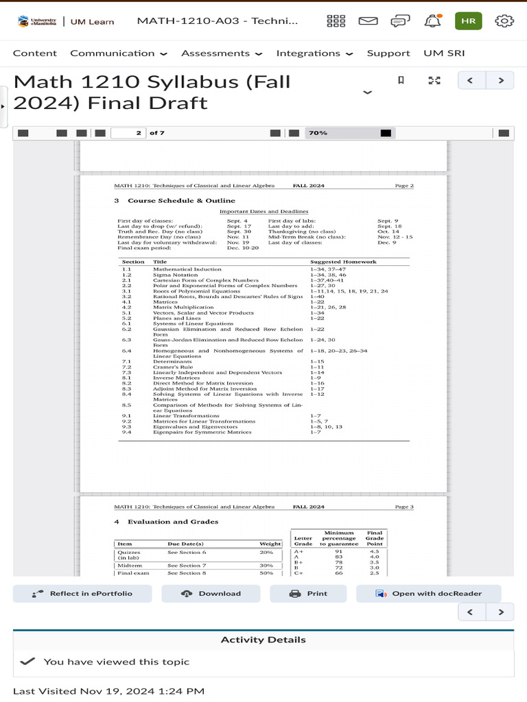 Math 1210 Syllabus (Fall 2024) Final Draft - MATH-1210-A03 - Techniques of Classical and Linear ...