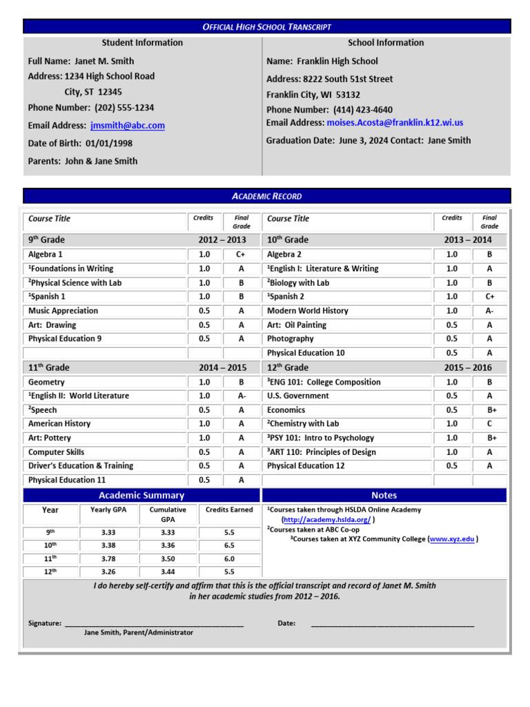 554293597 Official High School Transcript | PDF
