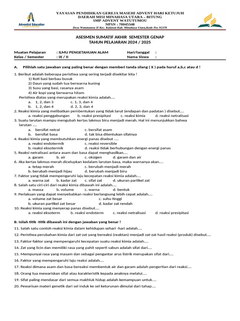Asesmen Sumatif Akhir Sem. Genap IPA Kls IX | PDF