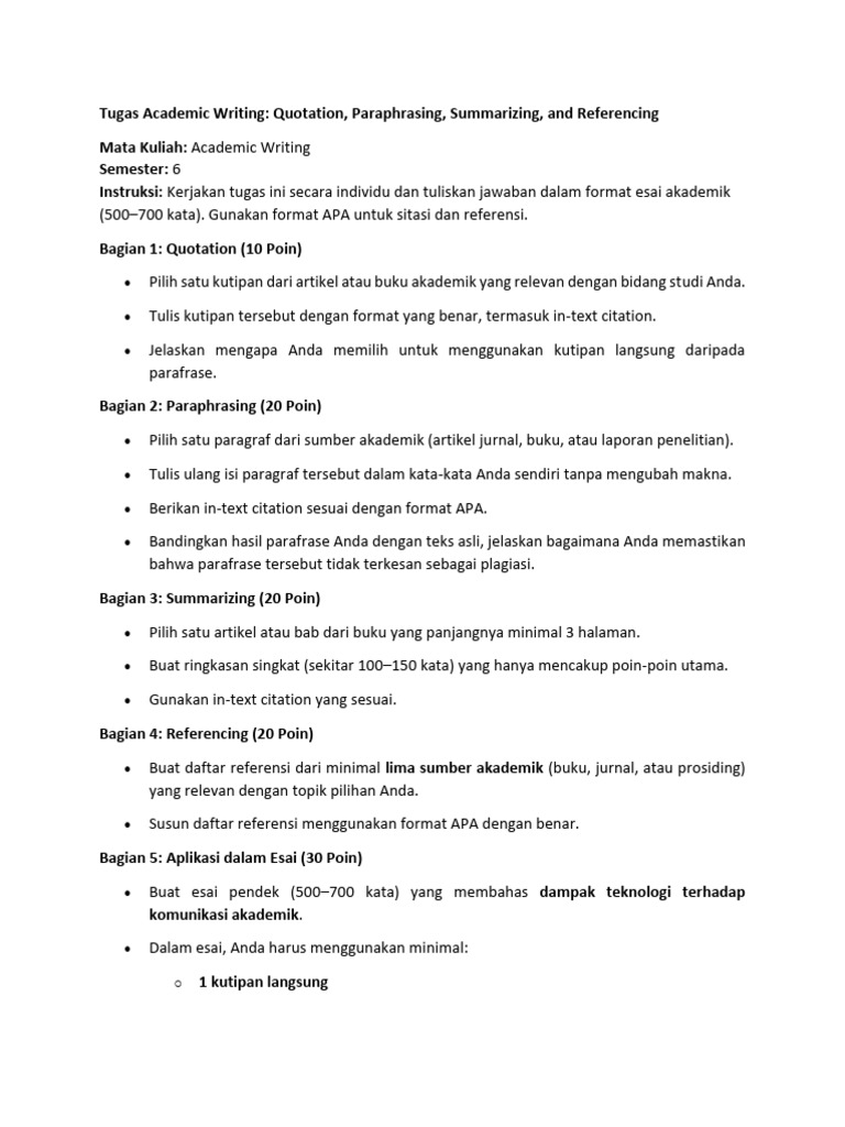Tugas Academic Writing-Quotation, paraphrasing, Summarizing, Referencing | PDF