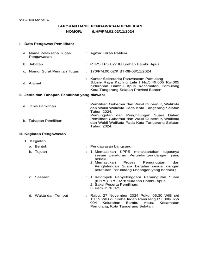 FORM A Pengawasan Pemungutan Dan Penghitungan Suara (PTPS) TPS 027 | PDF