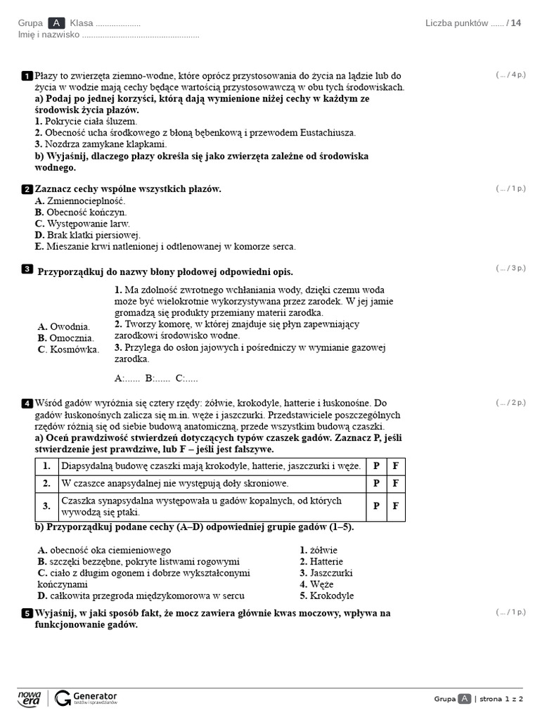 Kartkówka Płazy, Gady cz1 | PDF