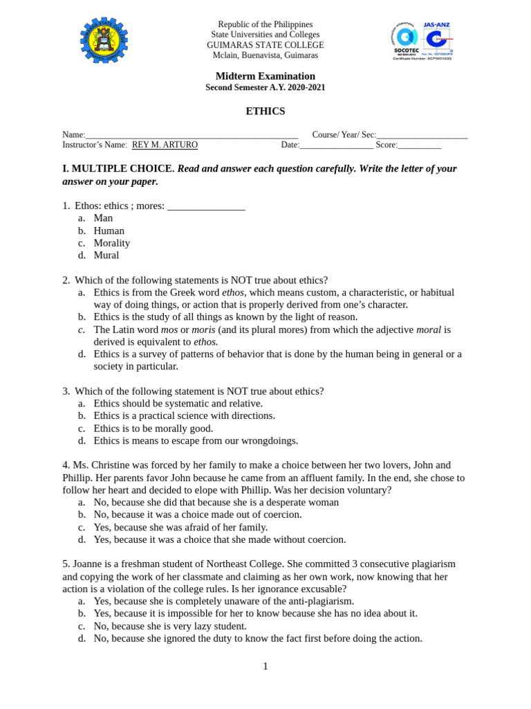 Ethics - Midterm Exam 20-2 (2) | PDF | Utilitarianism | Virtue Ethics