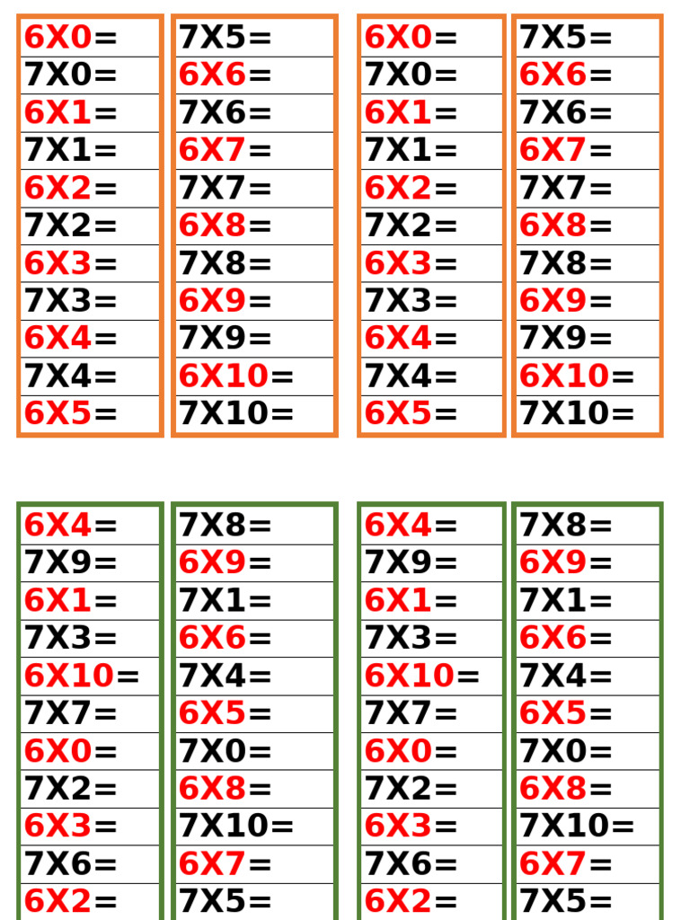 Tabuada Multiplicação Por 6 E7 | PDF
