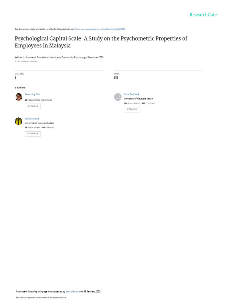 Psychological Capital Scale A Study On T 22555886 | PDF | Validity ...