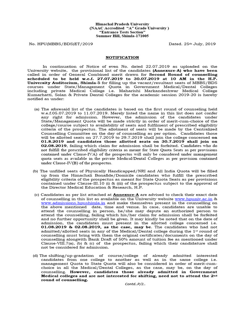 HPU MBBS/BDS Second Round Counseling 2019 | PDF | Dental Degree | Medical Education