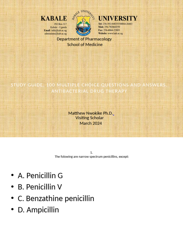 100 Multiple Choice Questions and Answers. Antibacterial Drug Therapy | PDF | Penicillin ...