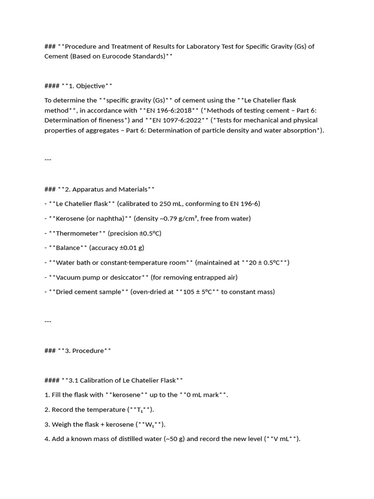 Cement Specific Gravity Testing Procedure | PDF | Density | Metrology