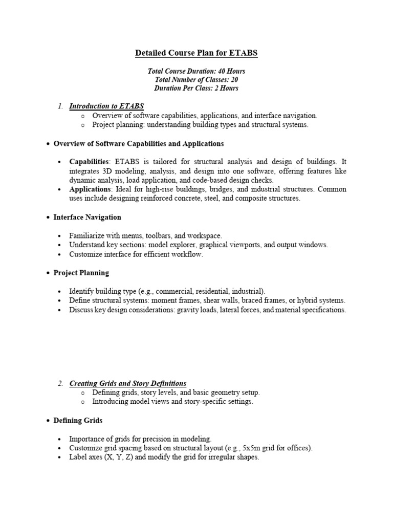 Detailed Course Paln For ETABS | PDF | Beam (Structure) | Structural Load