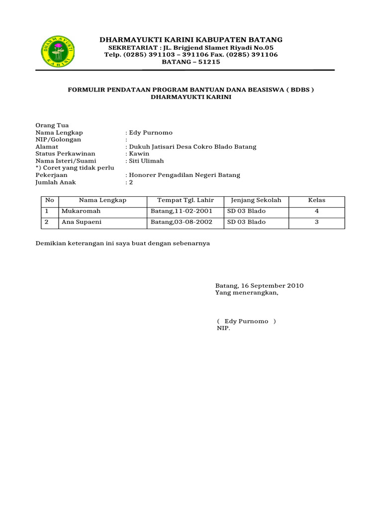 Formulir BDBS DHARMAYUKTI KARINI KABUPATEN BATANG | PDF
