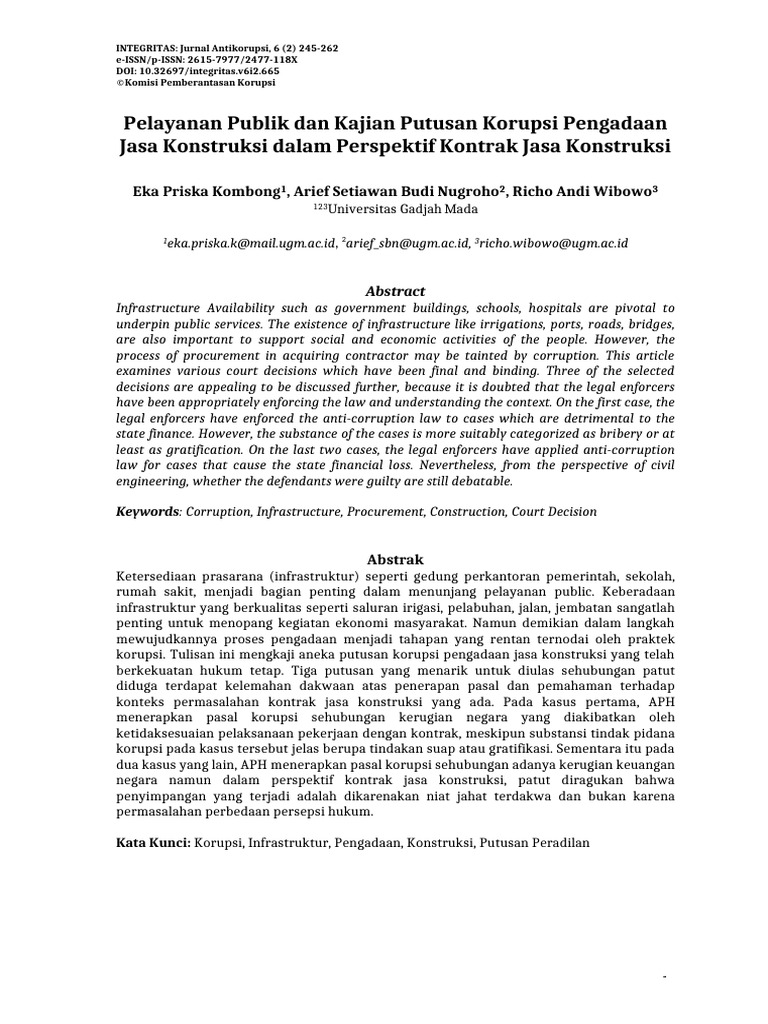 Pelayanan Publik Dan Kajian Putusan Korupsi Pengadaan Jasa Konstruksi Dalam Perspektif Kontrak ...