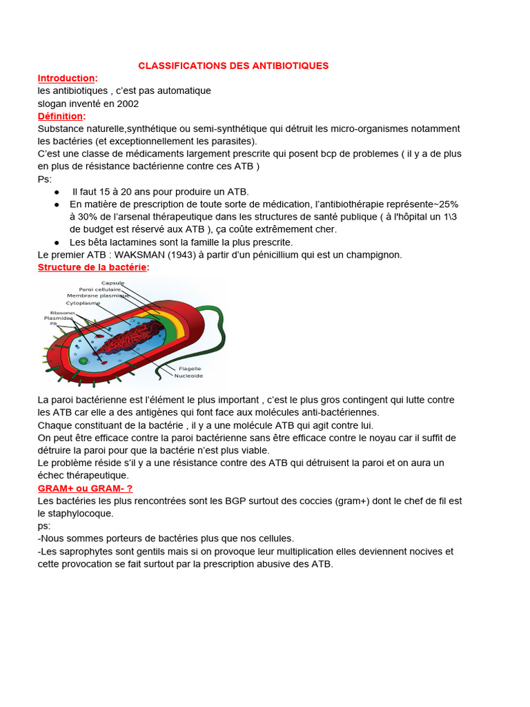CLASSIFICATIONS DES ANTIBIOTIQUES | PDF | Cellule (Biologie) | Bactérie