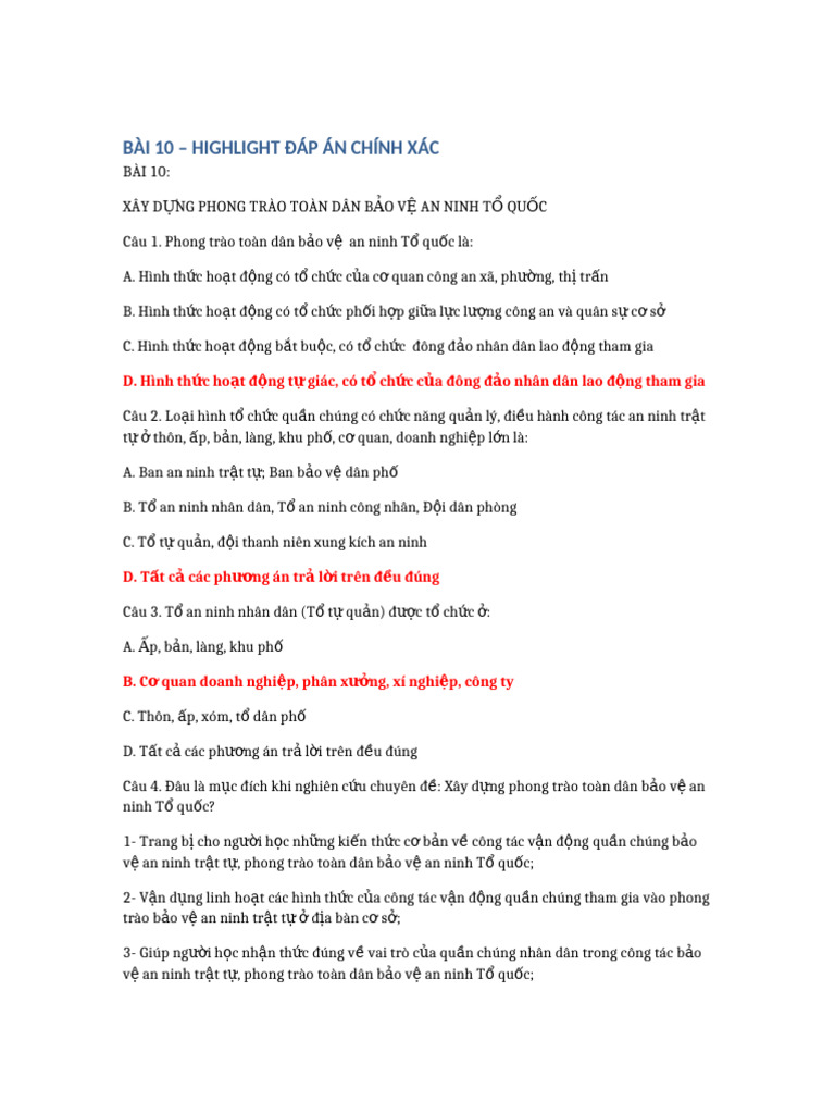 Bai10 Highlight DapAn ChinhXac | PDF
