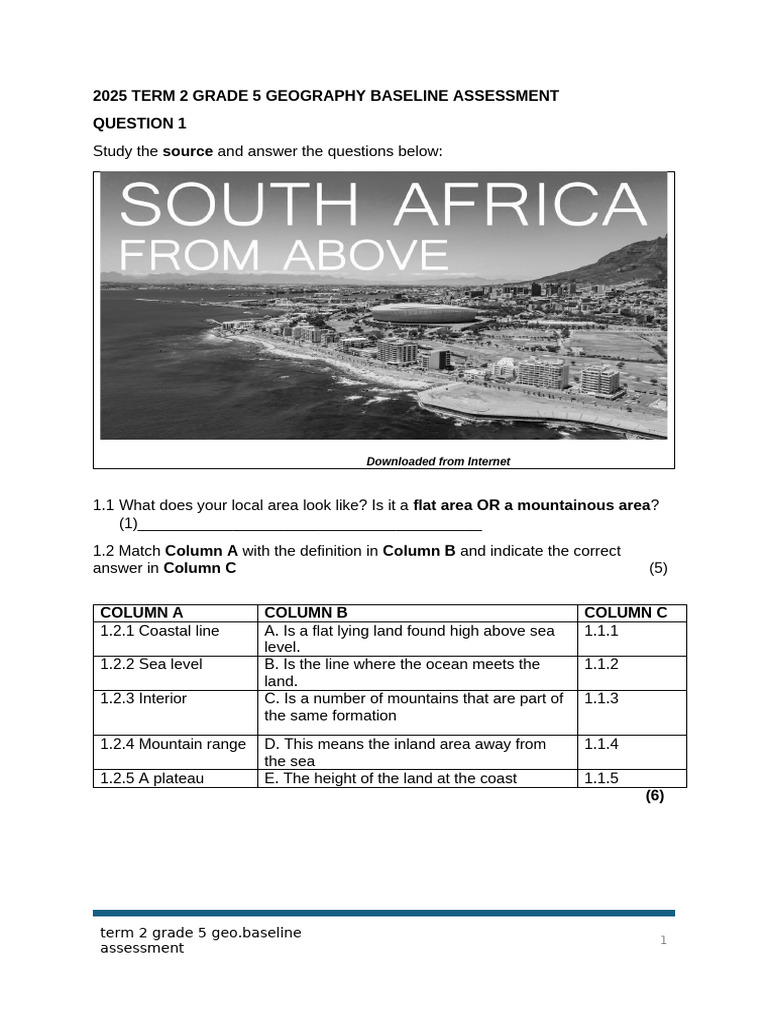 Term 2 Grade 5 Geography Baseline Assessment | PDF | Geography ...