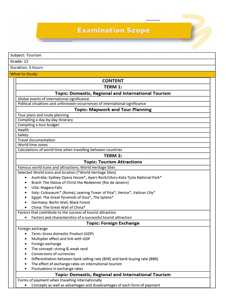 TRSM FINAL EXAM SCOPE GR 12 | PDF | Tourism | Infographics