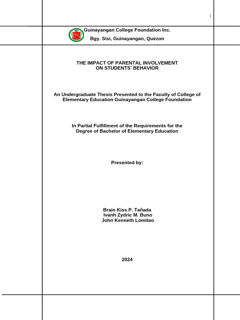 Parental Involvement's Impact on Behavior | PDF | Thesis | Psychology