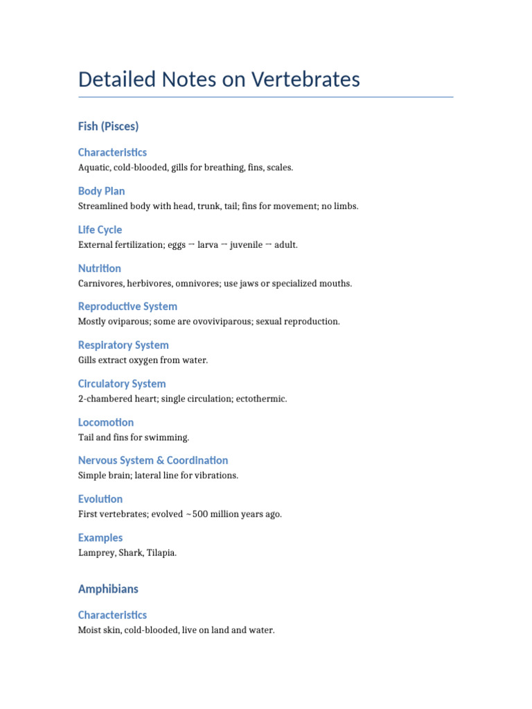 Vertebrates Detailed Notes | PDF | Biology | Zoology