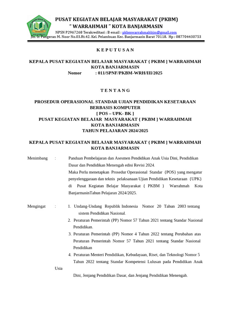 Pos Upk-Bk PKBM Warrahmah Tahun Pelajaran 2024-2025 Final | PDF