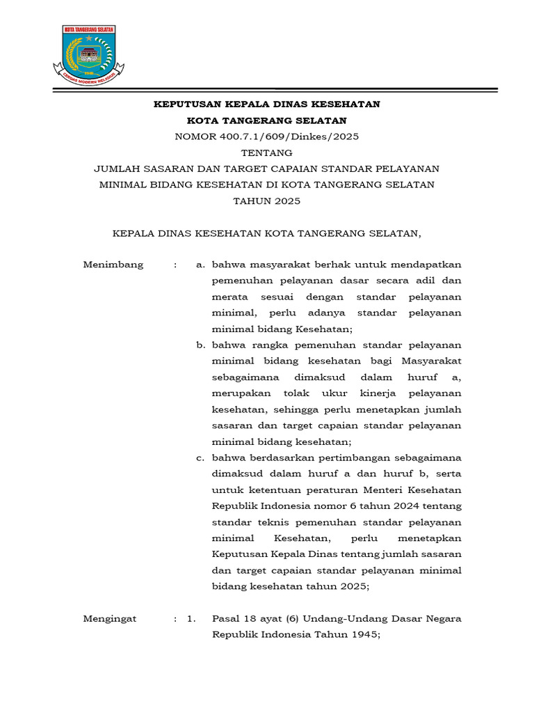 SK Kepala Dinas Kesehatan Tentang Jumlah Sasaran Dan Target Capaian SPM ...