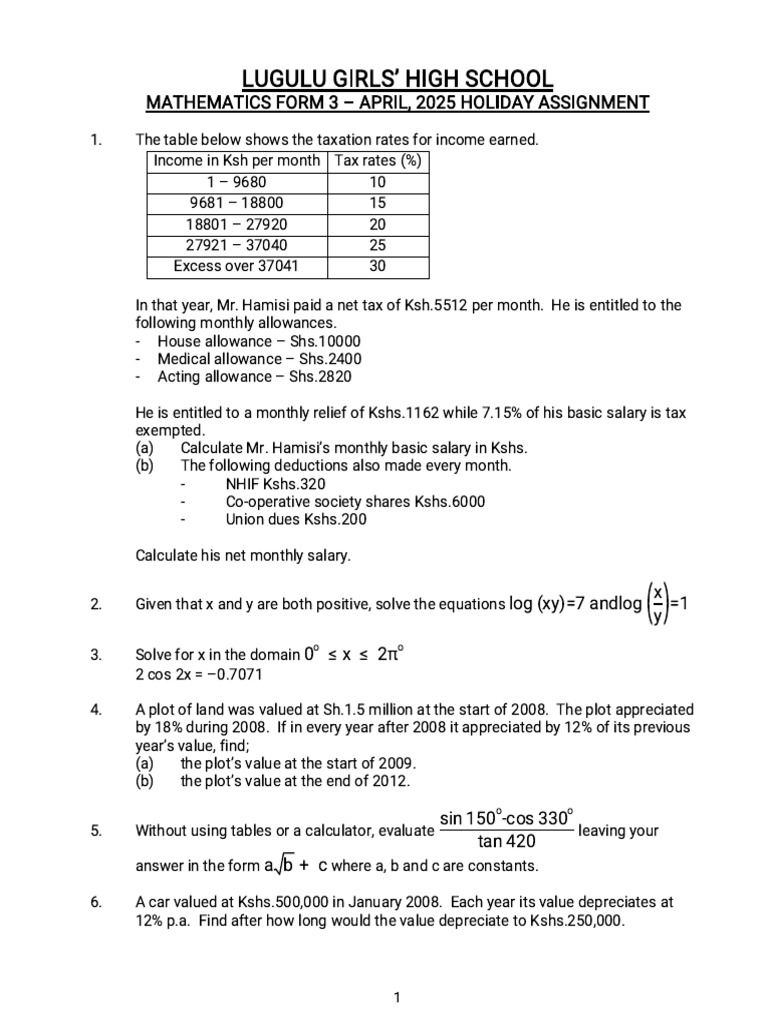 F3 Math April assignment 2025 Assignments - Form 3 - Mathematics | PDF ...