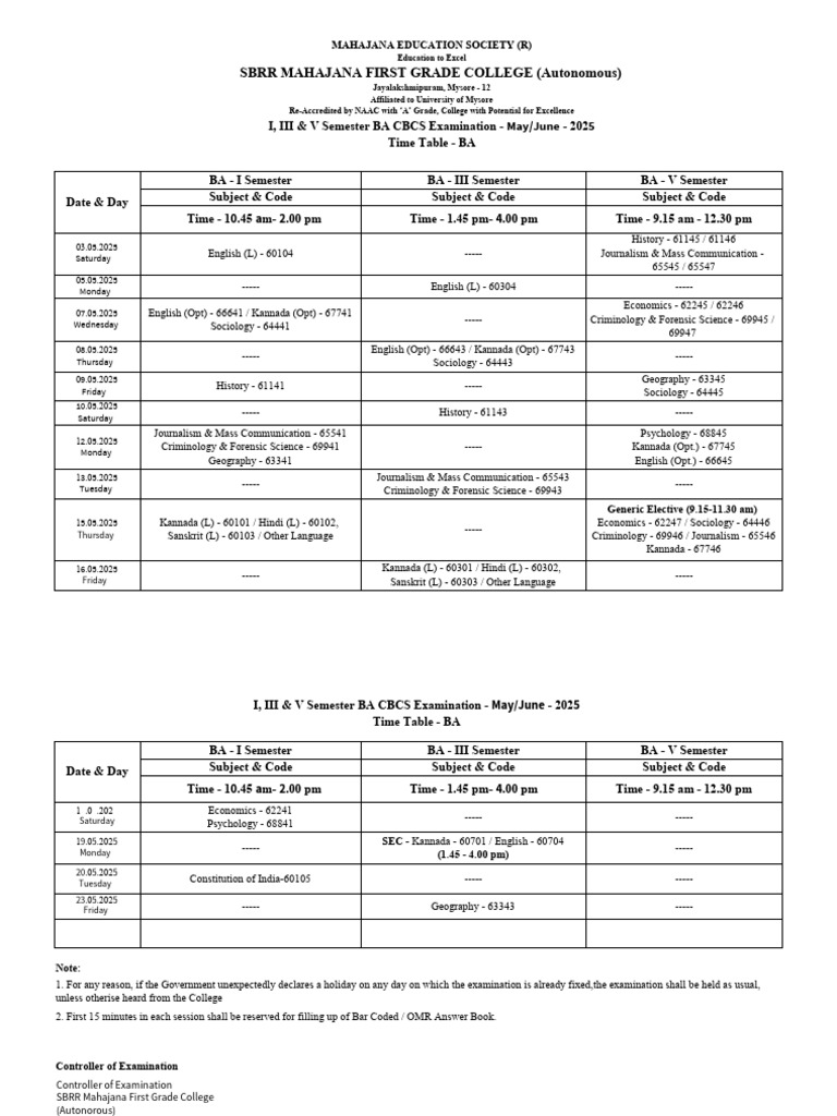 BA CBCS Exam Timetable May 2025 | PDF | Academic Term