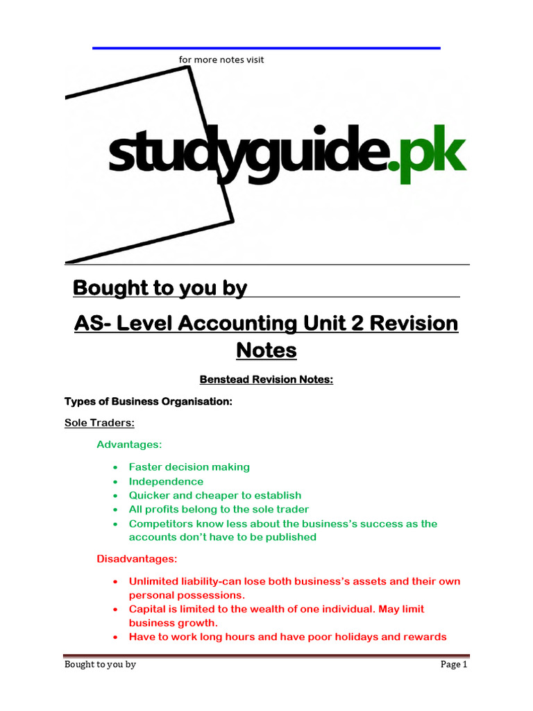 AS-Level Accounting Revision Notes | PDF | Depreciation | Debits And ...