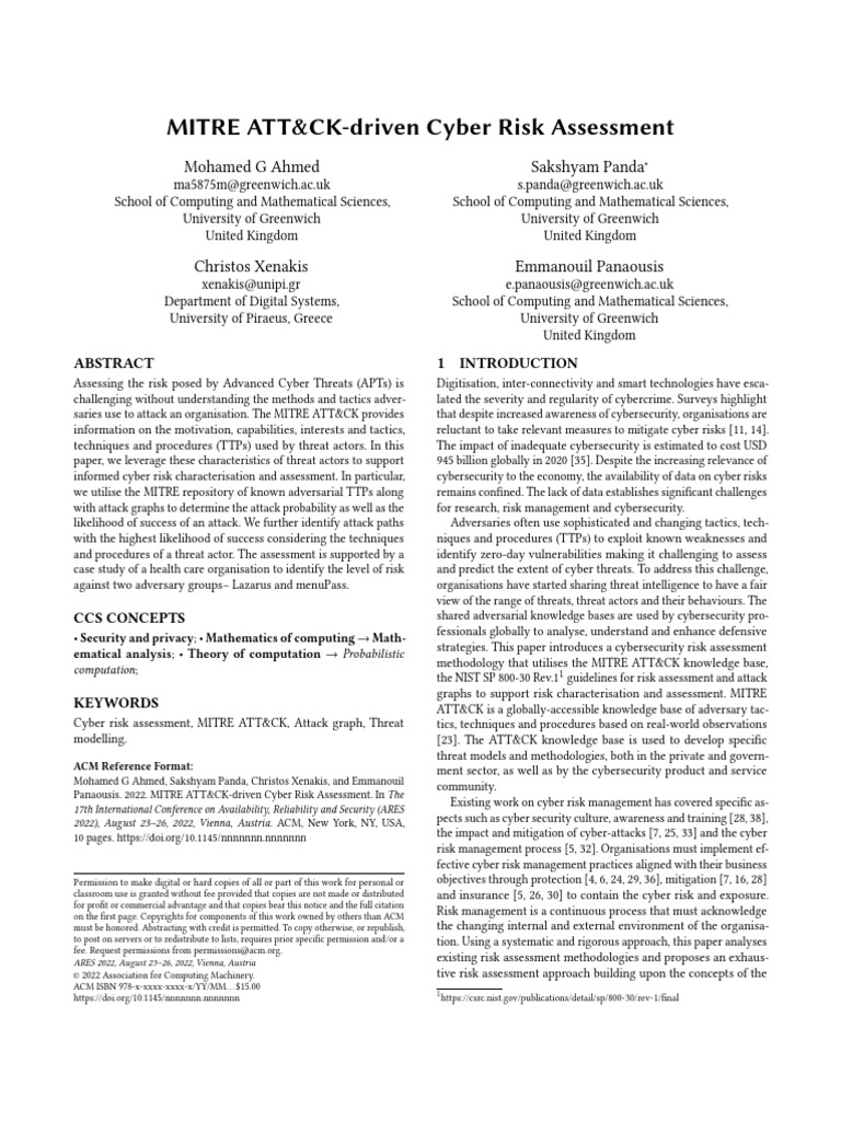PANAOUSIS MITRE ATT&CK Driven Cyber Risk Assessment | PDF | Risk Assessment | Risk