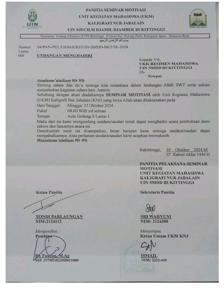 Surat Undangan Seminar Motivasi UKM KNJ | PDF