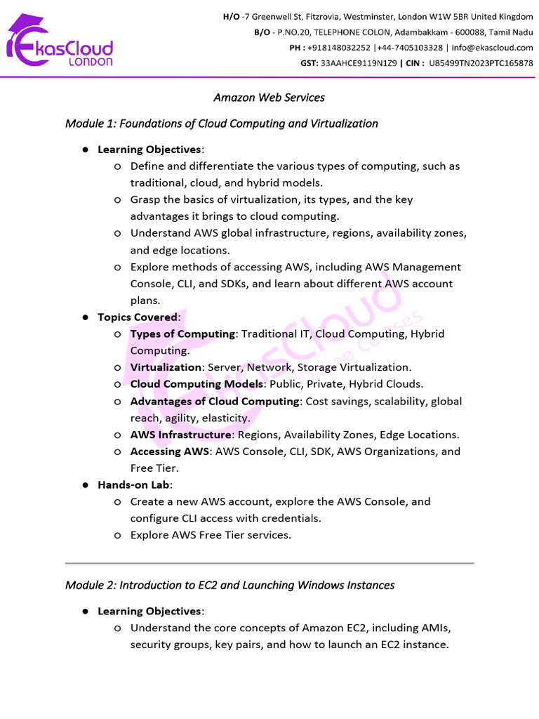 AWS Cloud Training Syllabus | PDF | Amazon Web Services | Cloud Computing