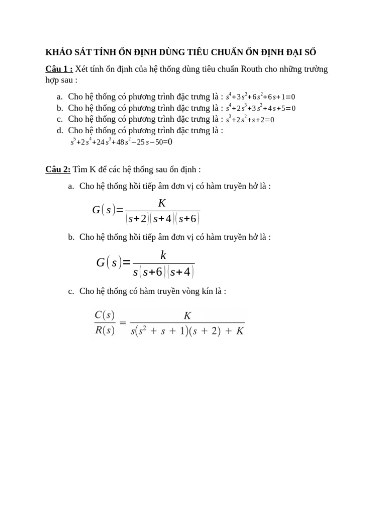 Bai Tap LTDK Routh Hurwitz | PDF