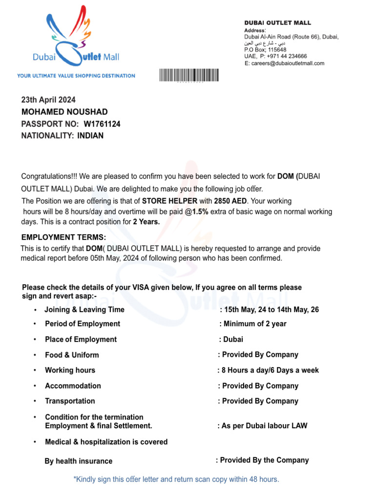 MR Mohamed Noushad Offer Letter Dom | PDF | Labour Law | Employment