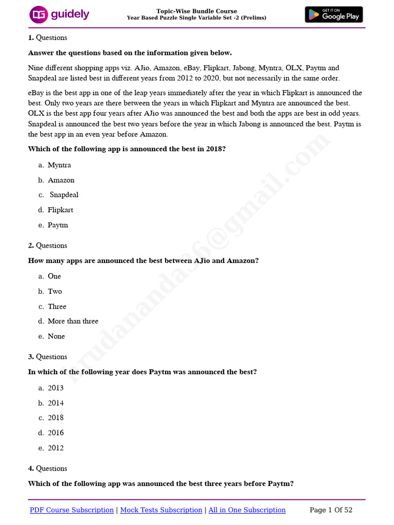 Year Based Puzzle Single Variable Set - 2 (Prelims) | PDF