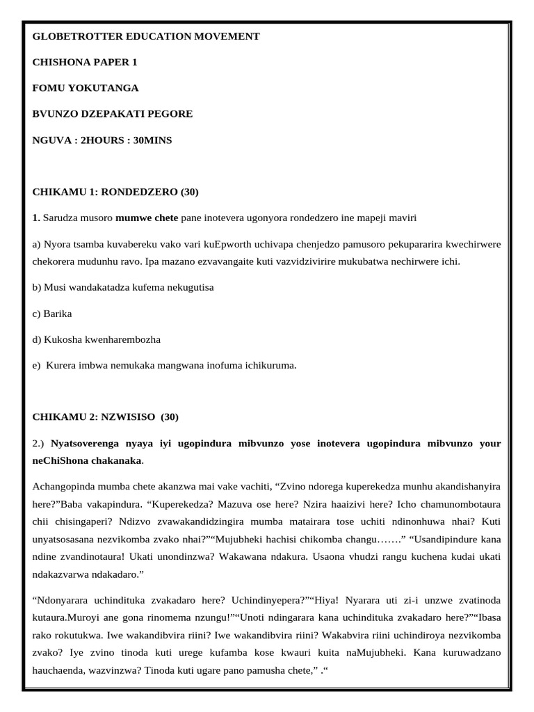 Shona Paper 1 Form 1 Ed | PDF