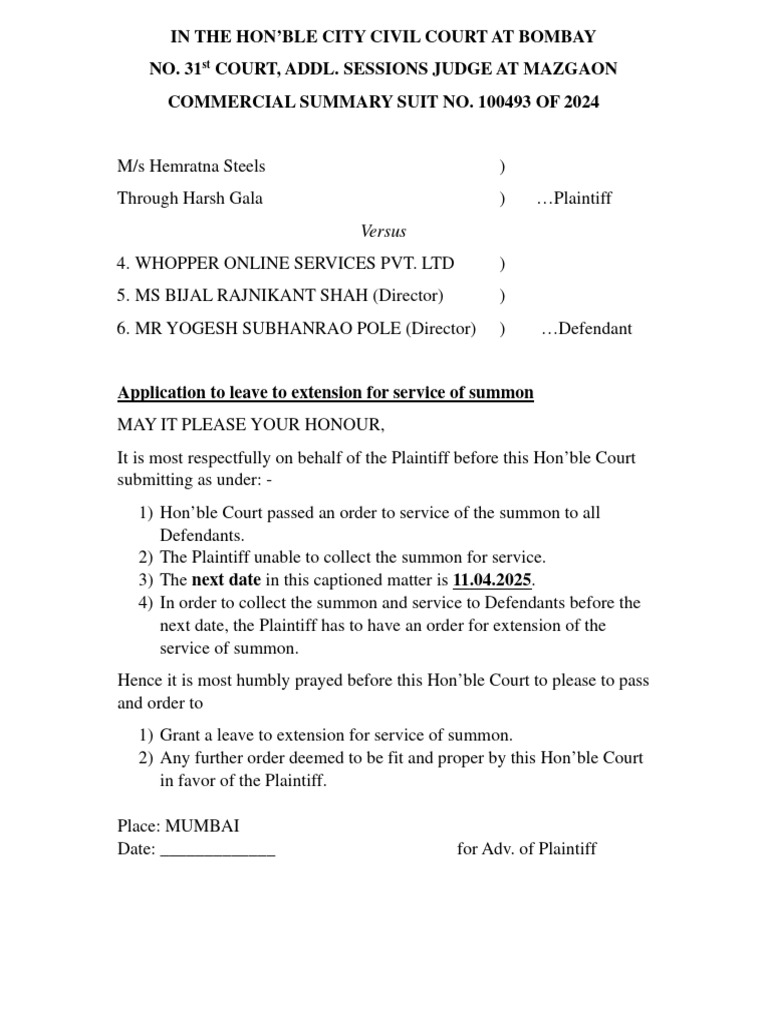 PDF Hemratna SummonExtensionAppln 06032025 | PDF