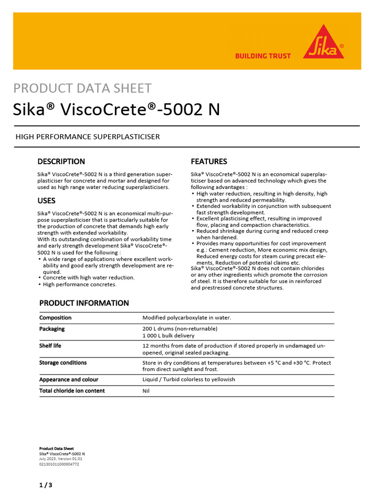 Sika Viscocrete 5002n | PDF | Concrete | Materials