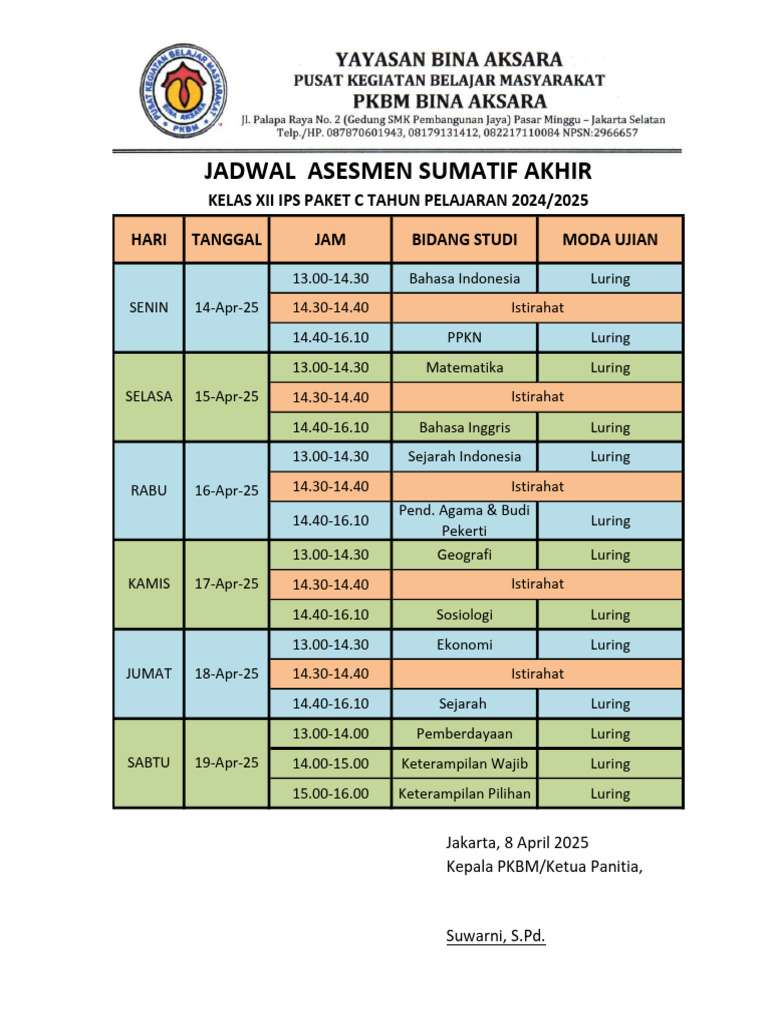 Jadwal Asesmen Sumatif Paket C PKBM Bina Aksara Tahun 2025 | PDF