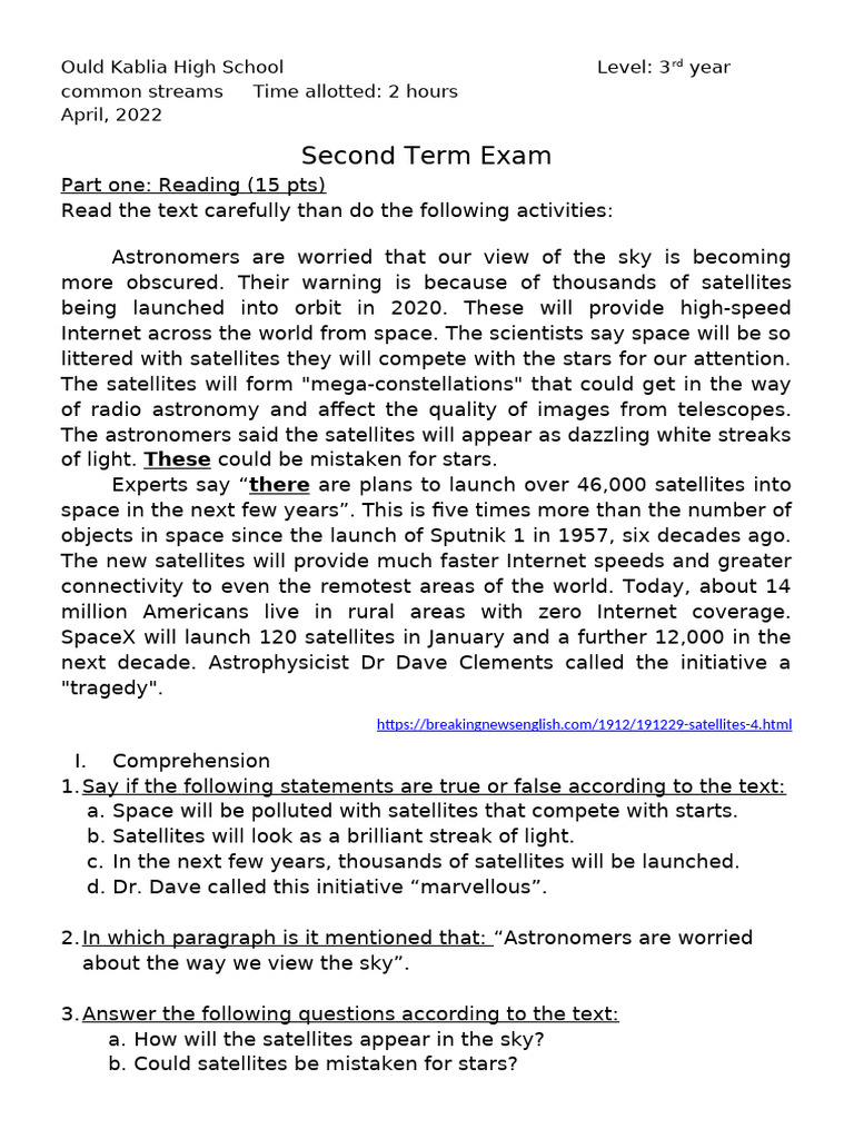 2nd term exam astronomy 2020 | PDF | Satellite | Word