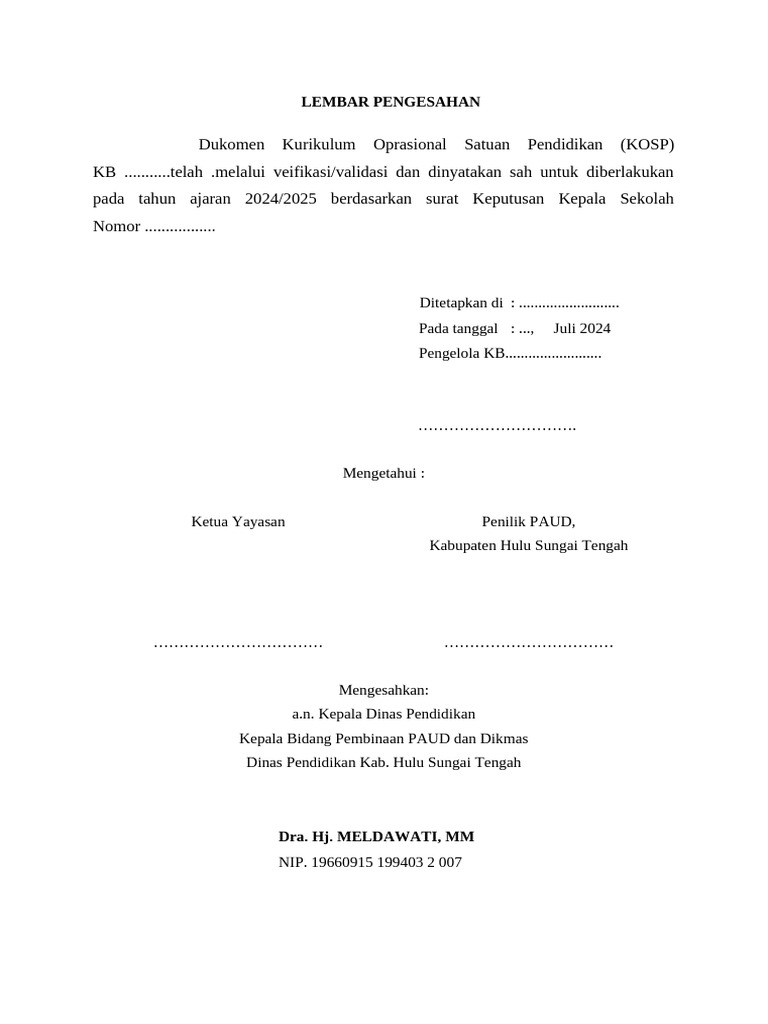 Lembar Pengesahan KOSP | PDF