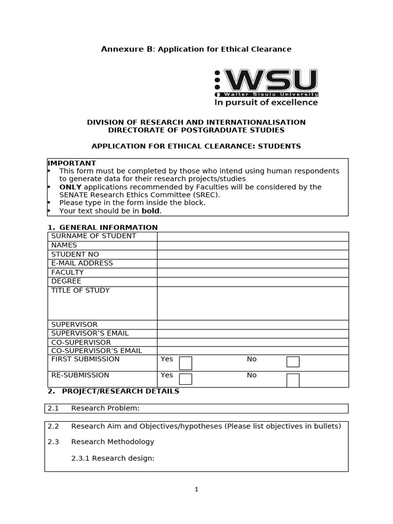 WSU Ethical Clearance Application Form | PDF | Conflict Of Interest ...