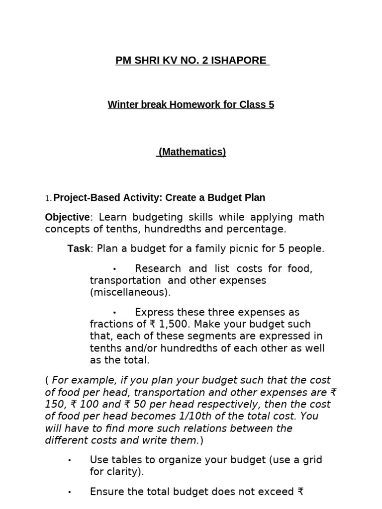 5th Winter Break Homework | PDF