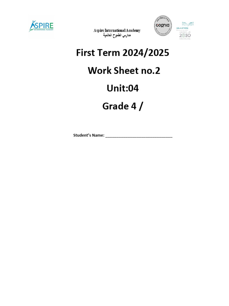 First Term 2024/2025 Work Sheet No.2 Unit:04 Grade 4 /: Student's Name | PDF